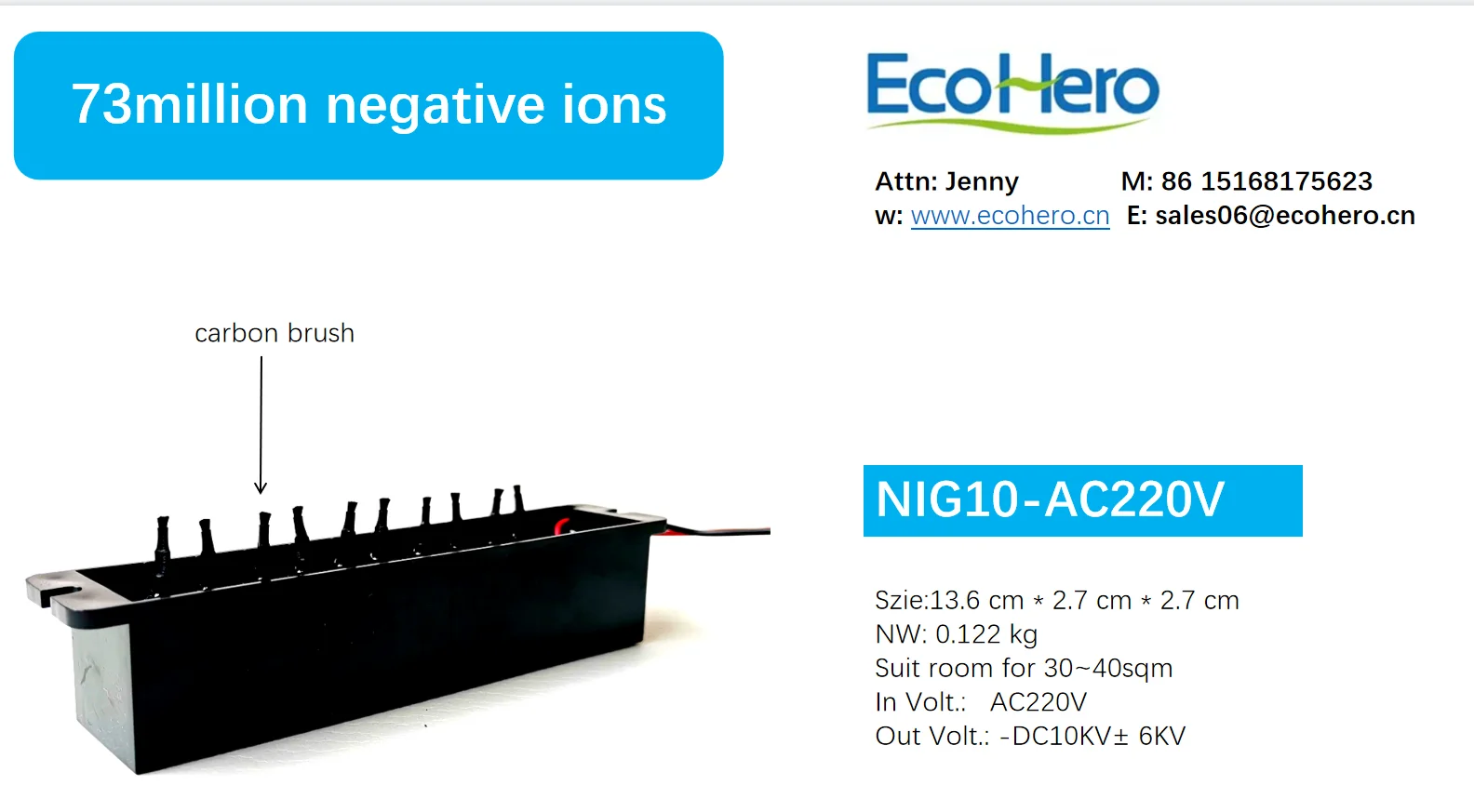Carbon Brush Needle Tip Discharge Negative Ion Generator