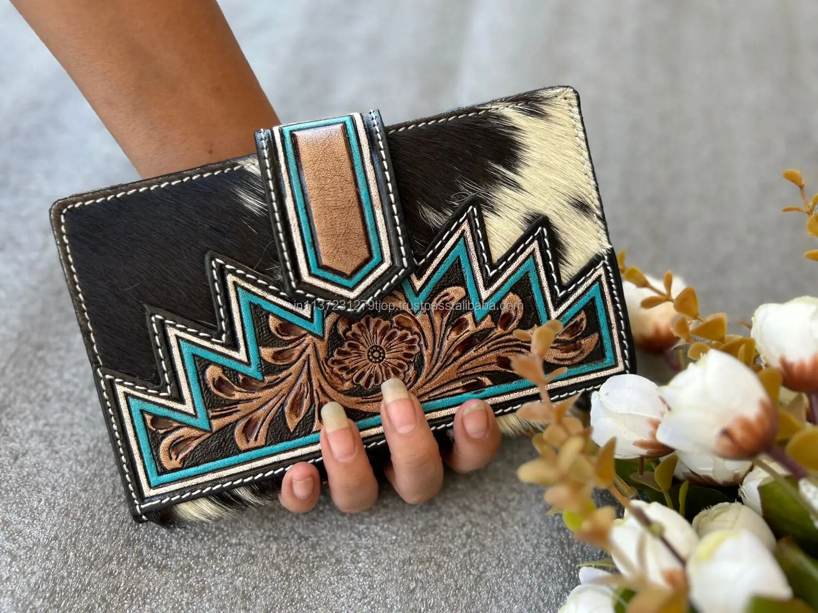 Western Style Hair On Hide Tooled Fur Leather Clutch Women Designed ...