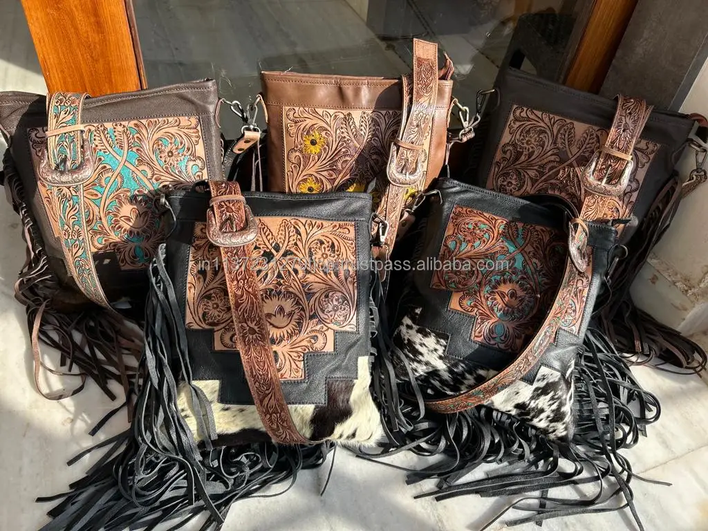 Real Handcrafted Tooled Fur Leather Fringe Handbag Stylish Women ...
