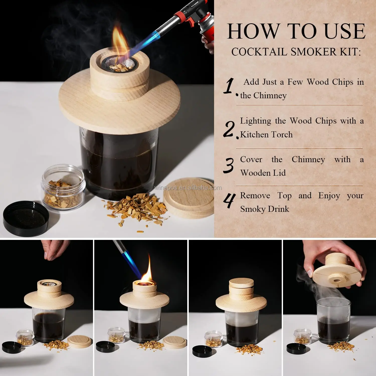 Cocktail Smoker Top with Wood Chips - Cold Smoker for Cocktails