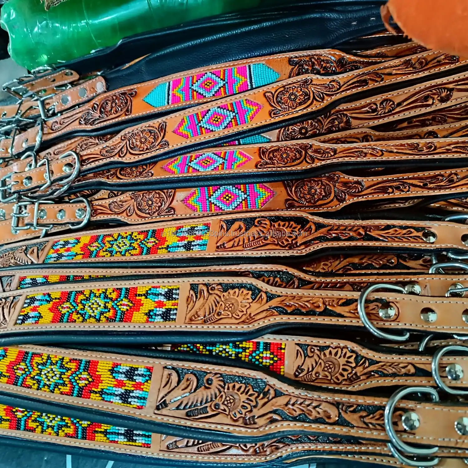 Cow Leather Soft Padded Dog Collars With Bead Work & Hand Tooled Design ...