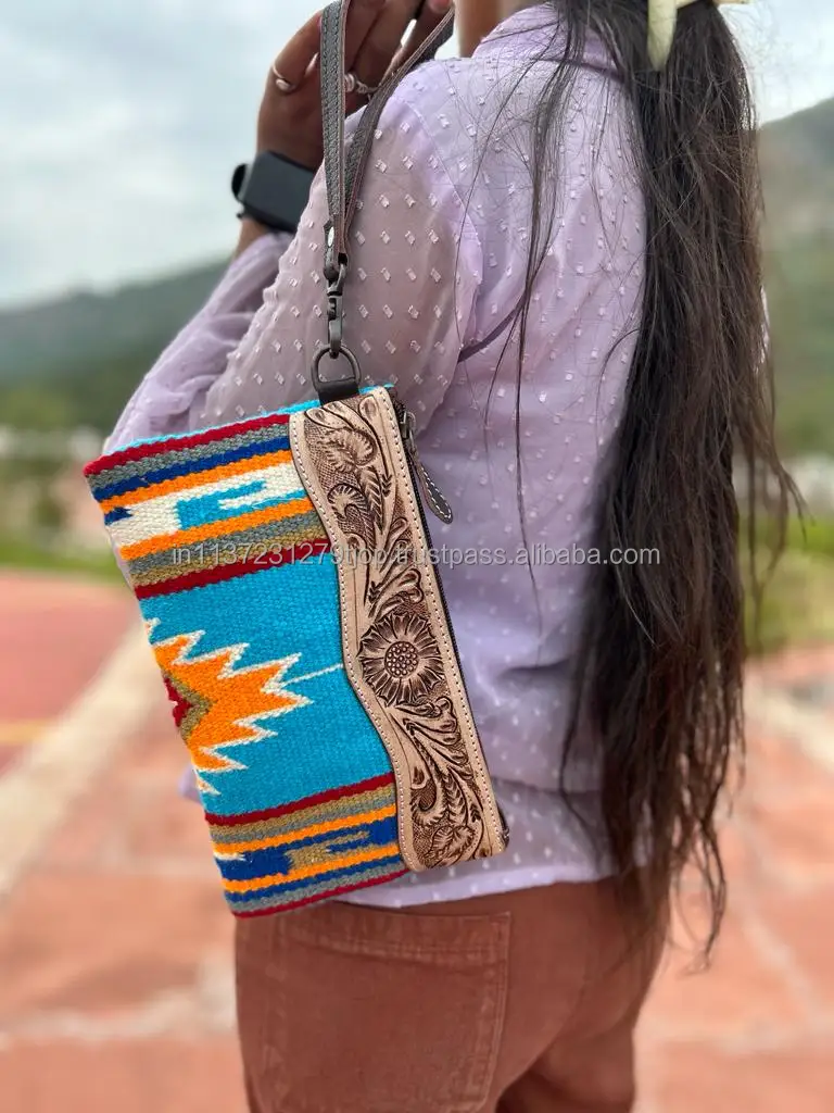 New Stylish Western Aztec Tooled Leather Wristlet Clutch Vintage Brown ...