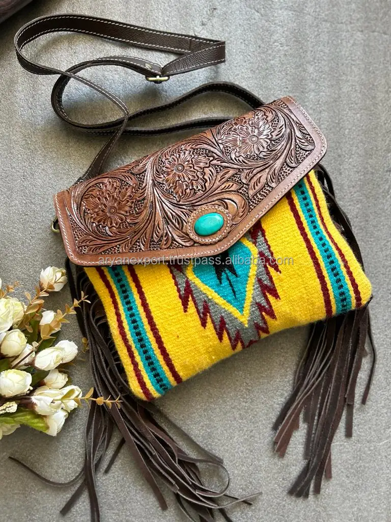 New Innovative Western Aztec Tooled Leather Bag Vintage Colorful ...