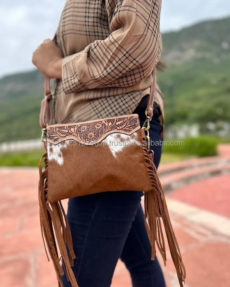 Hand Tooled Hair On Hide Fur Leather Fringe Handbag Stylish Women ...