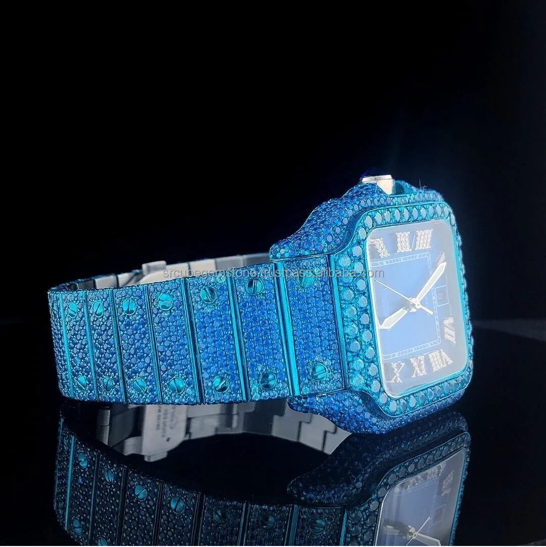 Rappers Hip Hop Luxury Mens Diamond Watch with Stylish Blue Dial
