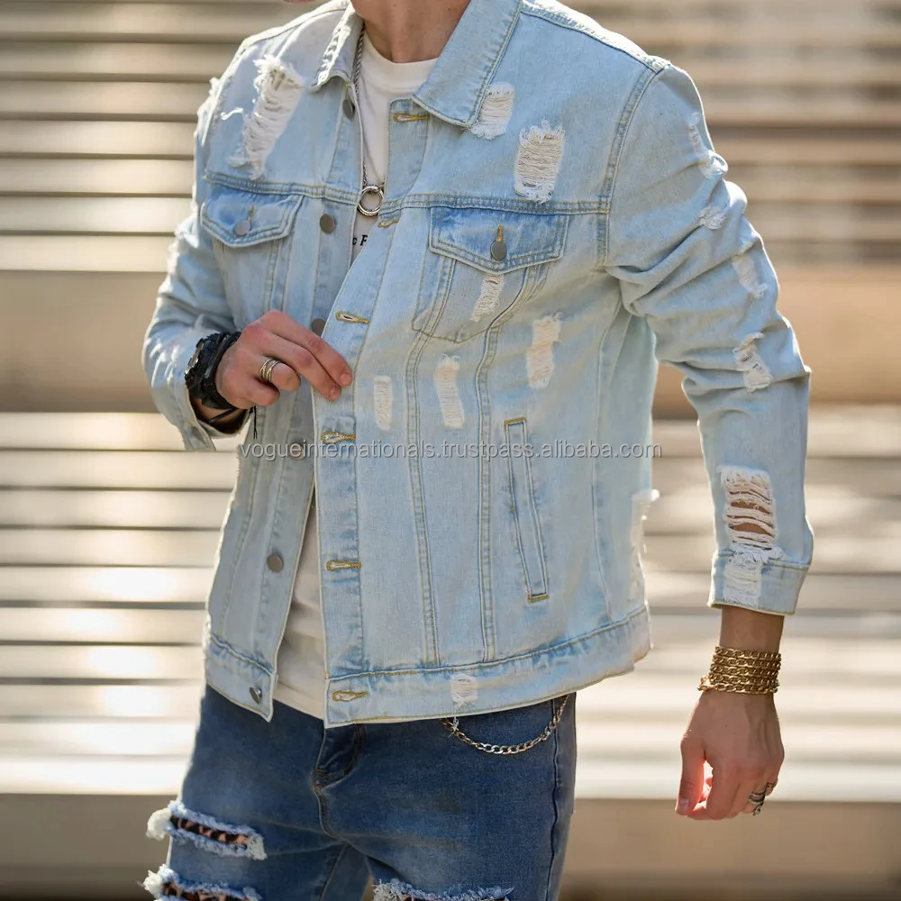 New Men Streetwear Fashion Solid Holes Slim Denim Jacket High Street ...