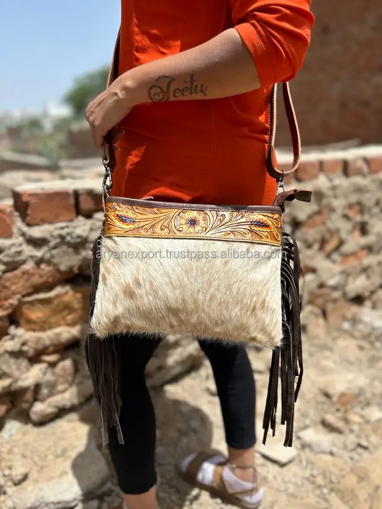Hand Tooled Hair On Hide Fur Leather Fringe Handbag Stylish Women ...