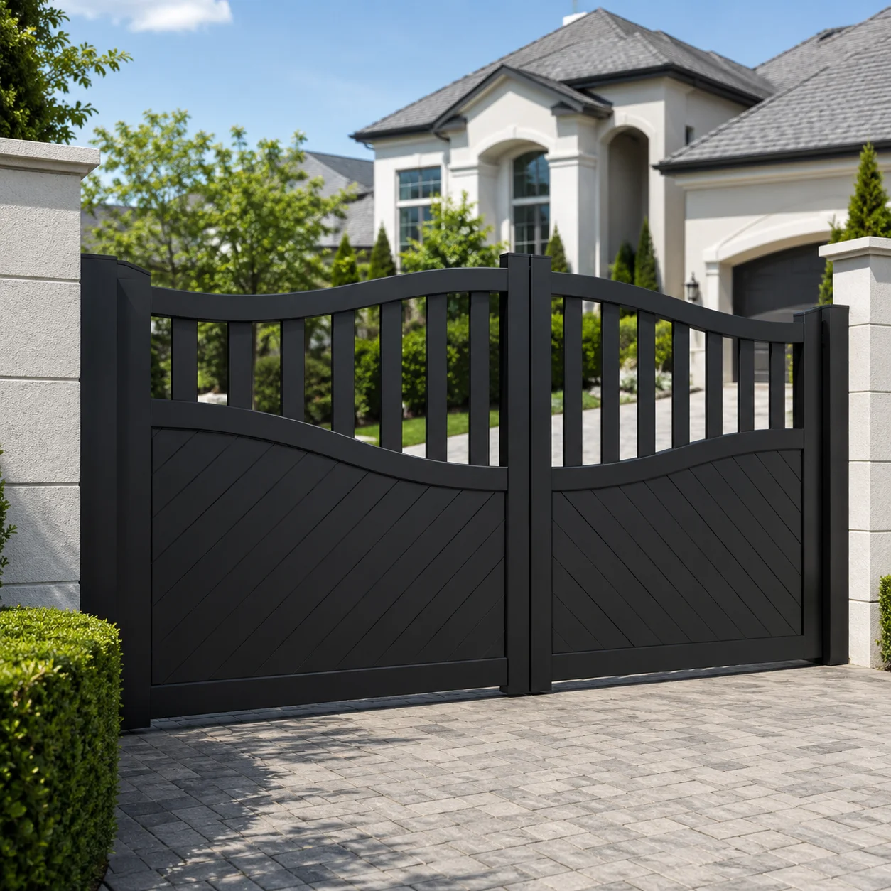 Modern Black Double Swing Driveway Gate Curved Top Vertical Slat ...