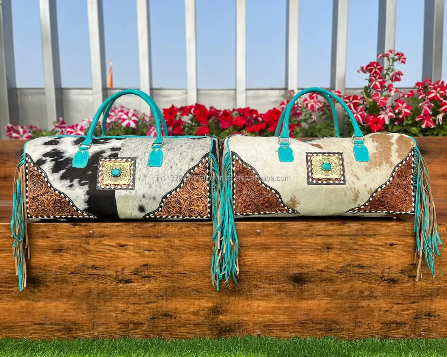 New Real Handmade Vintage Style Tooled Cowhide Fur Leather Duffel Bags ...