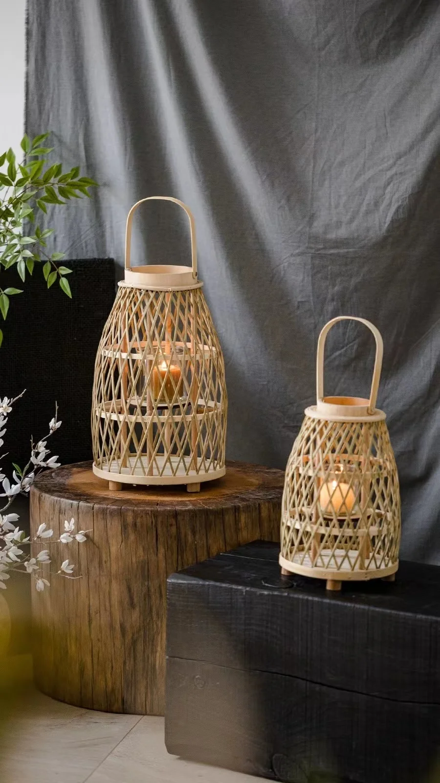 Swt Weaving Storm Outdoor Woven Rattan Candle Lantern With Handle Both ...