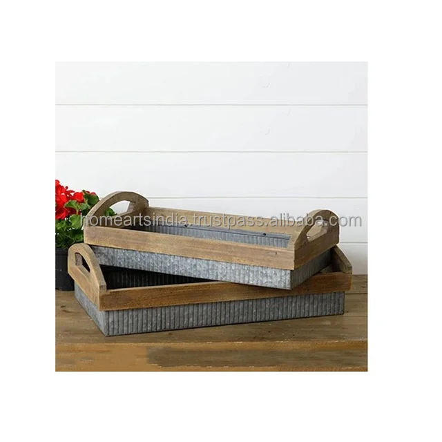 Galvanized Dessert Serving Tray With Wooden Handles Set Of 2 Different ...