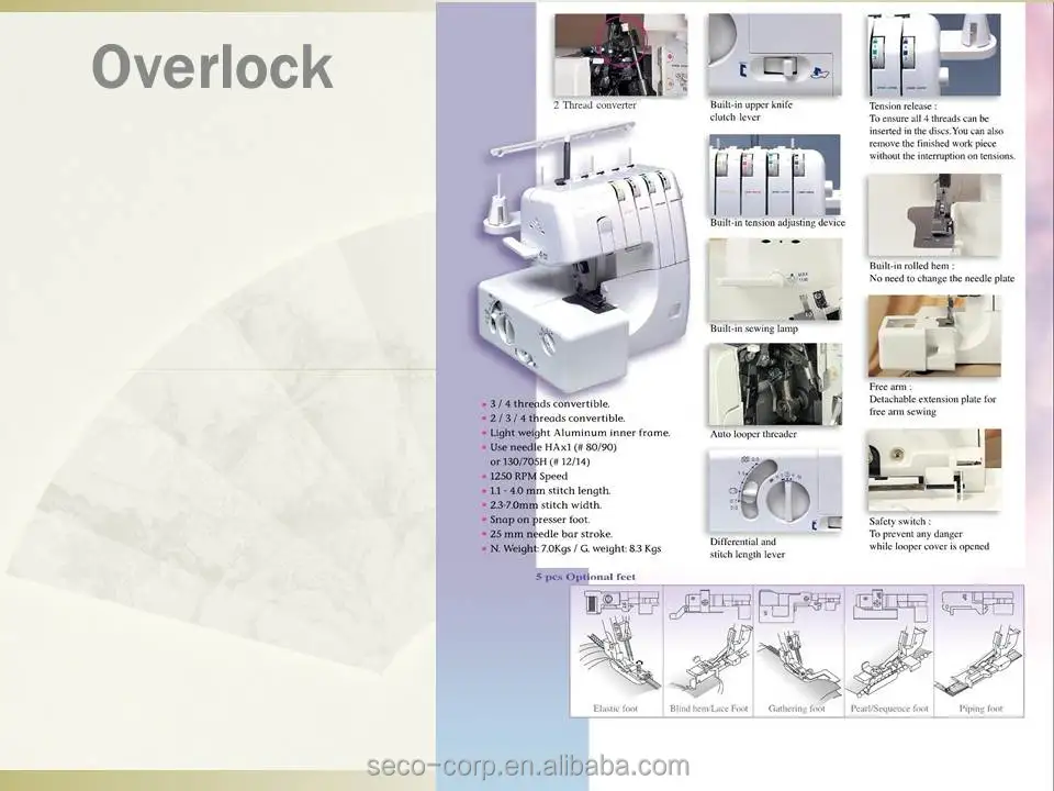 Overlock Machine 3/4 Thread Free Arm Diff Feed Built In Rolled Hem Auto ...