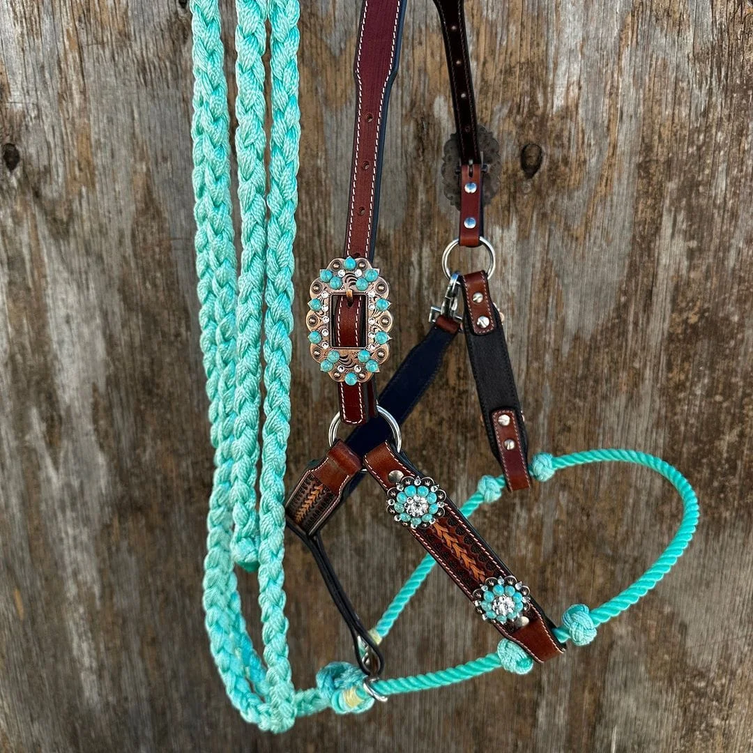 Floral Hand Tooled Leather Halter and Lead - Customized Logo