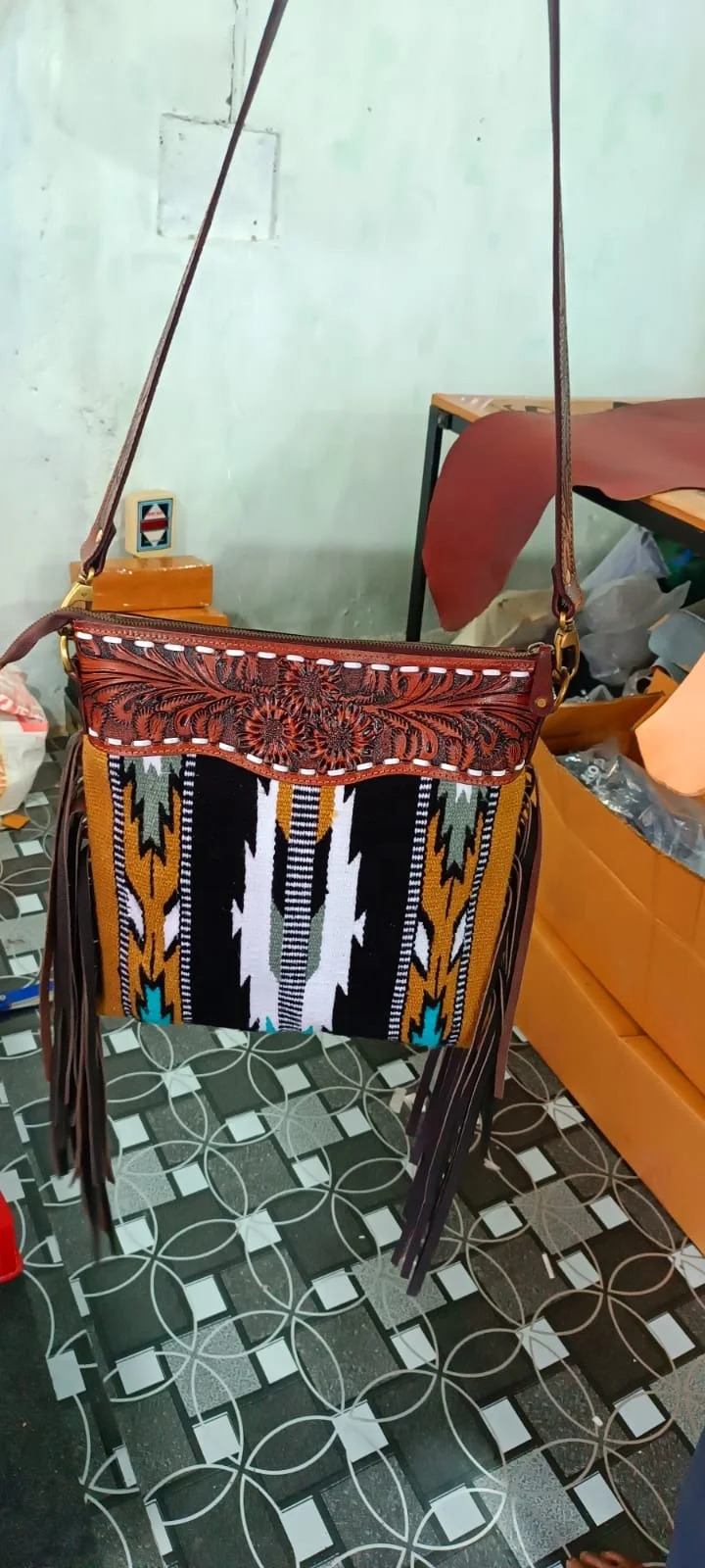 Cowgirl Canvas Navajo Style Saddle Blanket Leather Clutch Bag With Hand ...