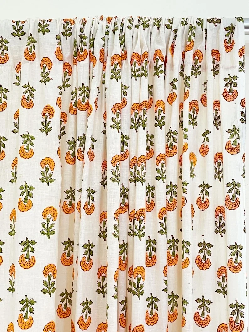 Indian Hand Block Printed Curtains Flower Buta Printed Bohemian ...