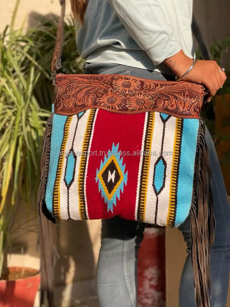 New Unique Design Hand Tooled Fringe Handbags Multi Color Aztec Saddle ...