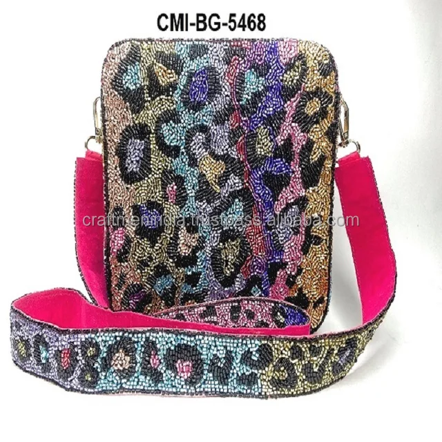 Leopard Pattern Beaded Crossbody Leopard Strap Box Bag Handbag 100% ...