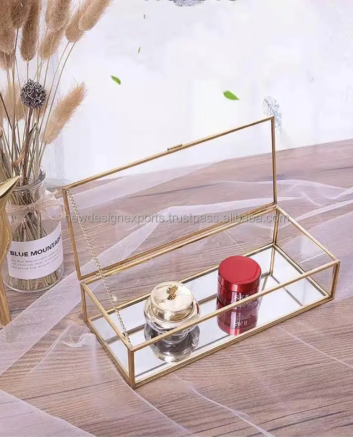 Golden Glass Lidded Box Decorative Jewelry Display Box Brass Clear ...