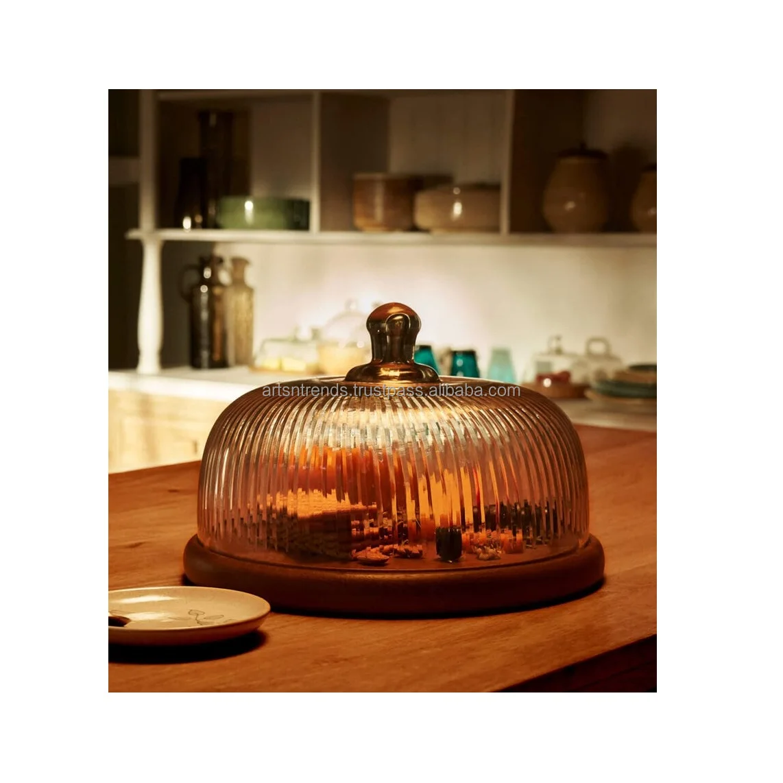 Round Wooden Cakes Stand With Wooden Base With Glass Lid Manufacturer ...