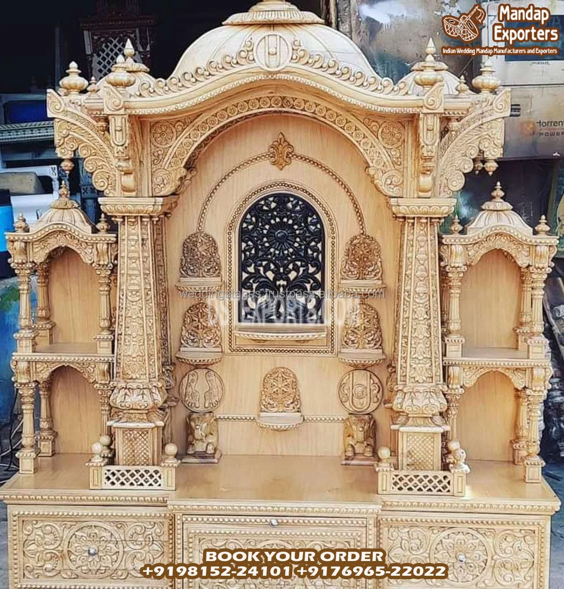 Designer Big Size Teak Wooden Mandir - Traditional Hand Carved