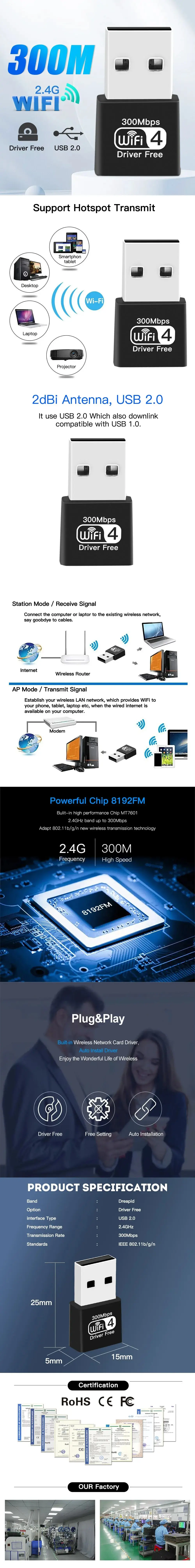 Derapid Wifi Usb Adapter 2.4ghz 300m Wireless Receiver Usb 2.0 Network ...