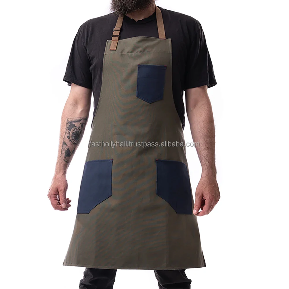 This Apron Features Deep Green Color With Contrasting Blue Pockets And ...