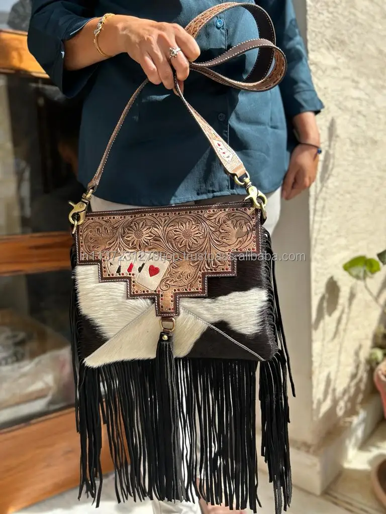 New Western Style Handcrafted Tooled Hair On Hide Fur Leather Fringe ...