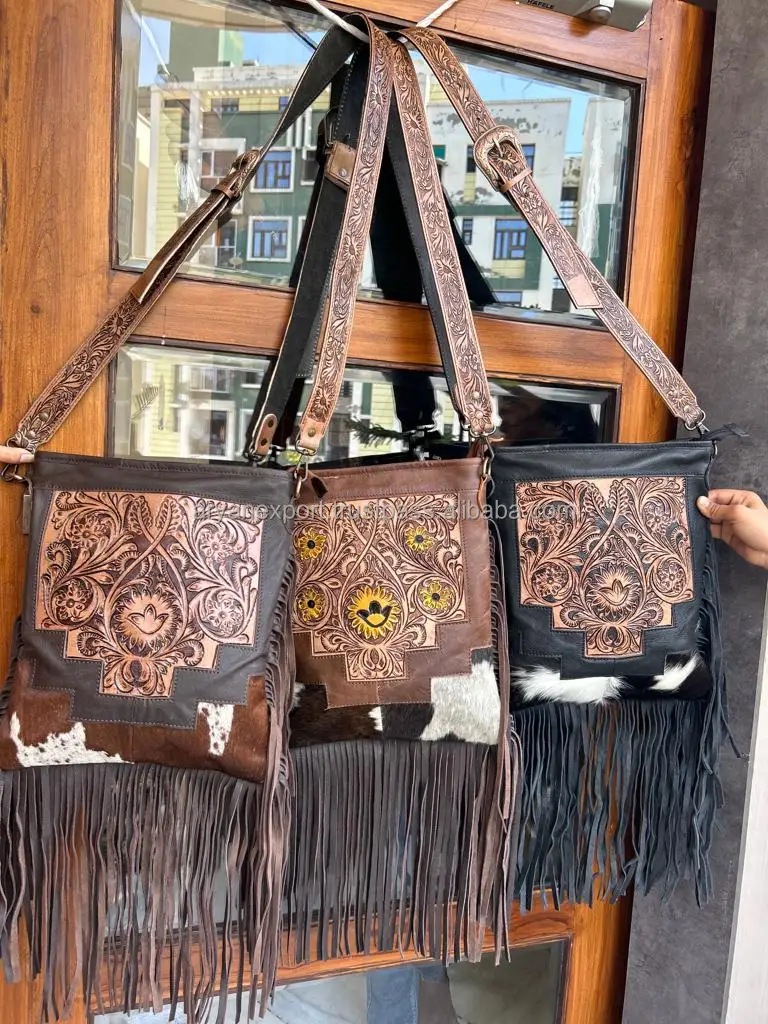 Hand Tooled Hair On Hide Fur Leather Fringe Handbag Stylish Women ...