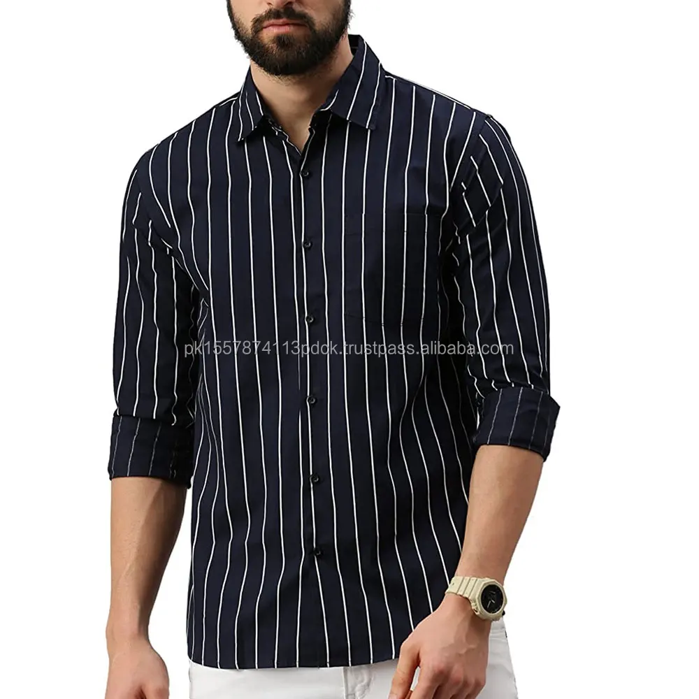 2023 New Stylish Mens Long Sleeve Classic Stripe Cotton Button Collar
