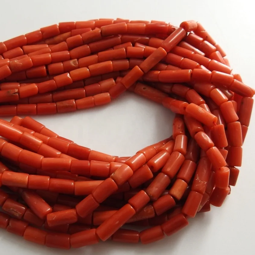Italian Red Coral Smooth Tubes Shape Beads Drum Cylinder Handmade Loose ...