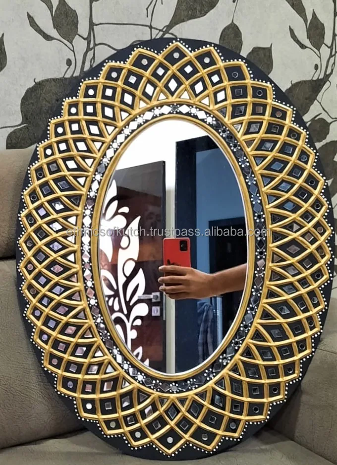 Indian Kutch Handicraft Mud Mirror Art Customizable Ethnic Wall Decor For Living Room,Luxury ...