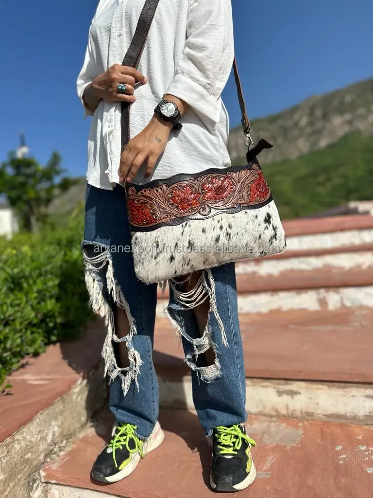 New Western Stylish Tooled Hair On Hide Fur Leather Sling Bag Women ...