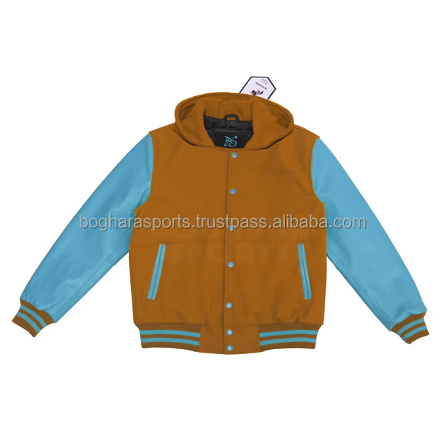 Gold Varsity Jacket With Hood Genuine Wool Blue Leather Arms Varsity ...