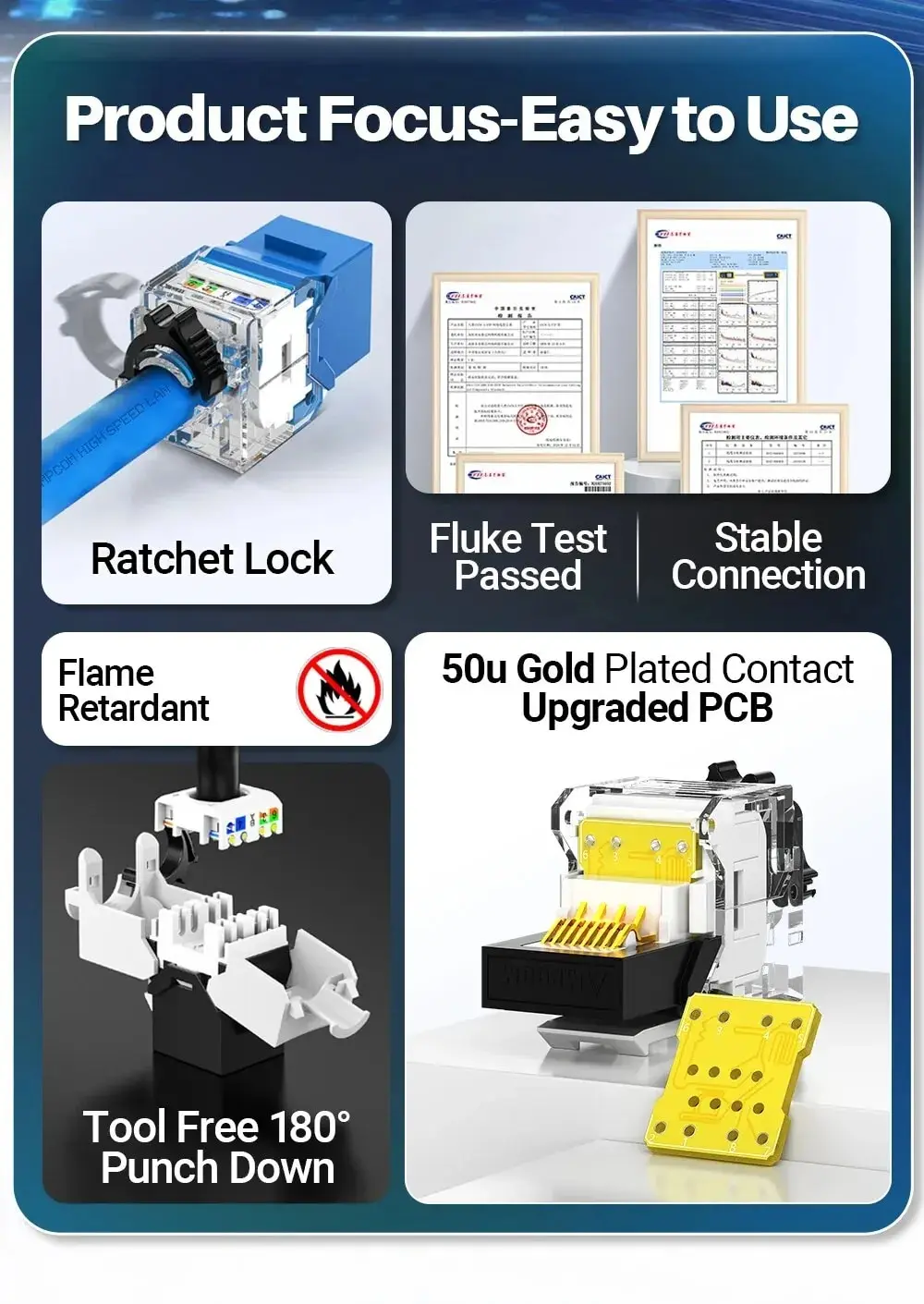 Ampcom Network Rj45 Keystone Jack Cat6a Cat6 Zip-tie Free Ratchet Lock & Tool-free Utp Modular ...