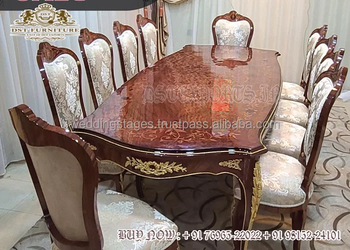 Solid Teak Wood Carved Dining Table Set with Chairs - Durable European ...