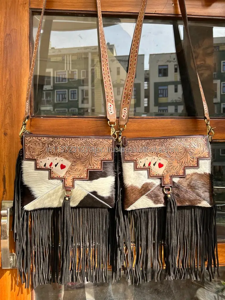 New Western Style Handcrafted Tooled Hair On Hide Fur Leather Fringe ...