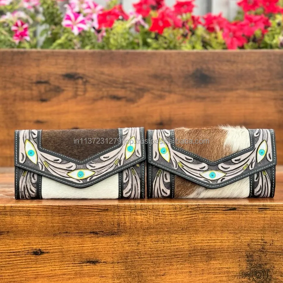 New Design Hand Tooled Carving Wallets Stylish Hair On Cowhide Leather ...