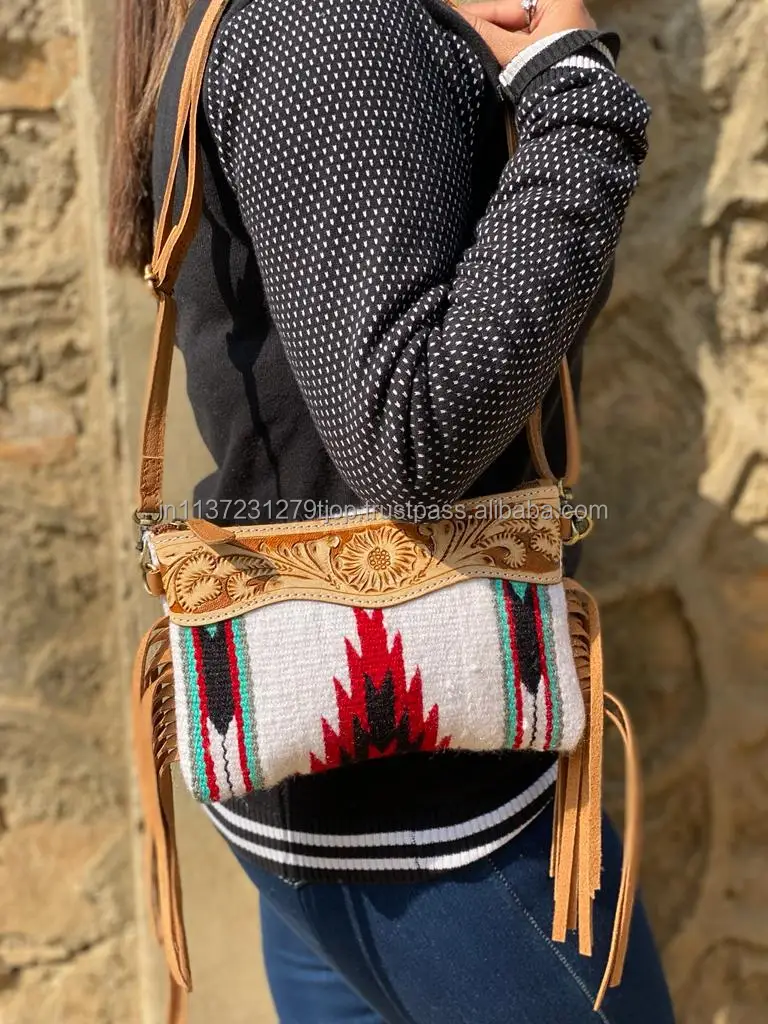 Vintage Multicolor Fringes Western Style Aztec Tooled Leather Sling Bag