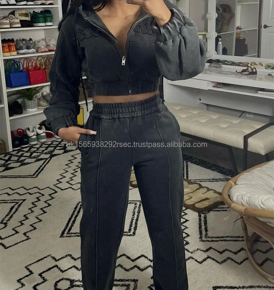 Wholesale Custom Women Distressed Embroidery Patch Tracksuit High ...