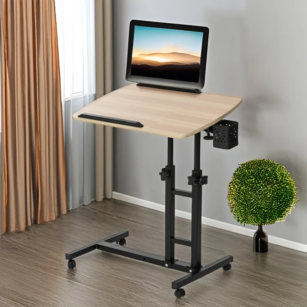 Adjustable Dark Wood Laptop Desk Rolling Mobile Computer Side Table for ...