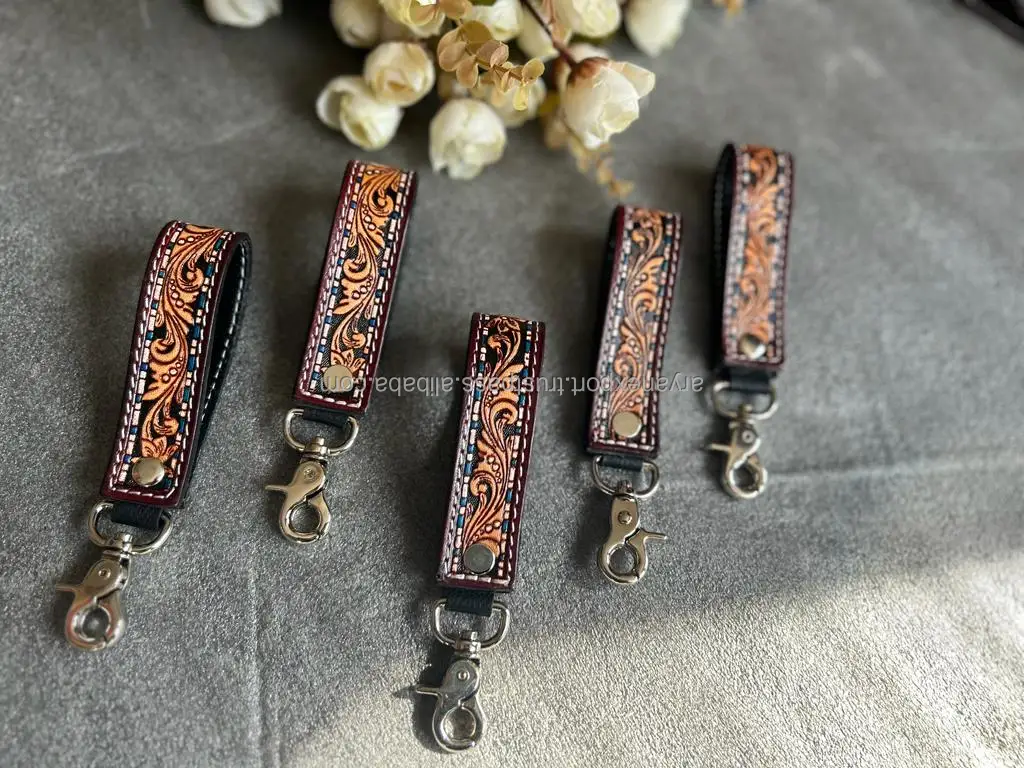 Hand Carved Tooled Leather Key Chains Embossed Floral Print Leather Key ...