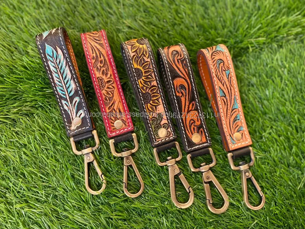 Hand Carved Tooled Leather Key Chains Embossed Floral Print Leather Key ...