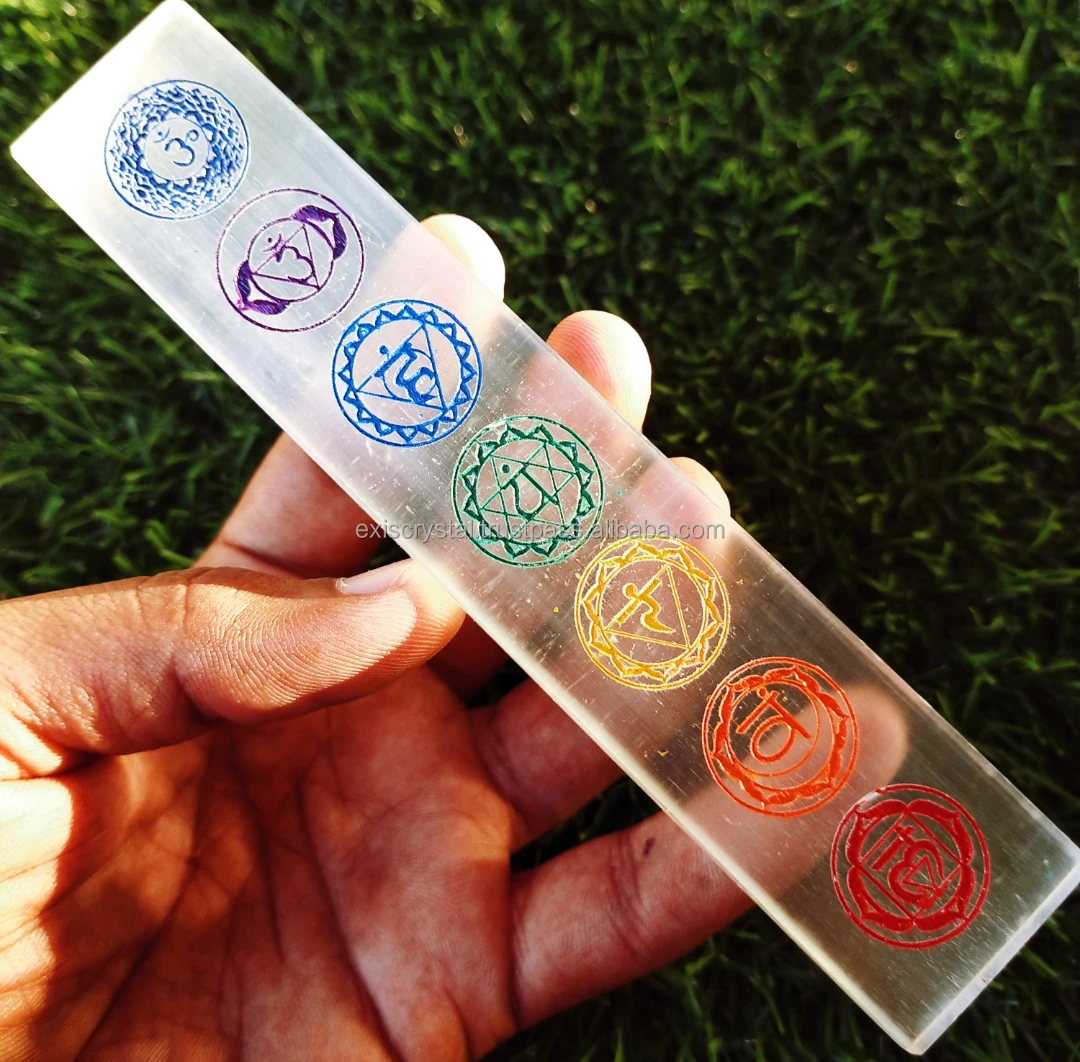 Selenite Seven Chakra Symbols Engraved Selenite Stick Plate Wands For ...