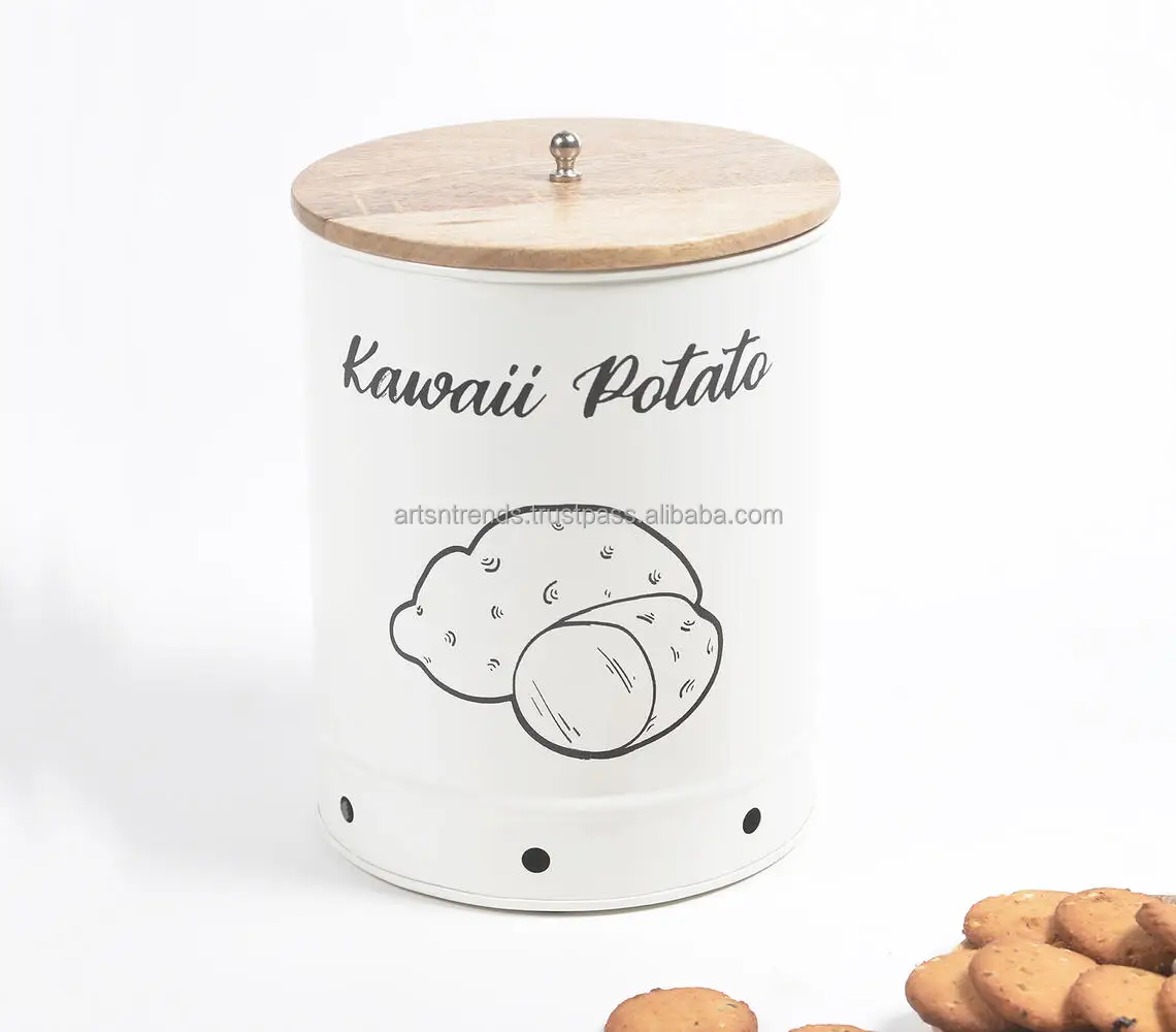 Galvanized Iron Customised Kawaii Potato Storage Jar With Wooden Lid ...