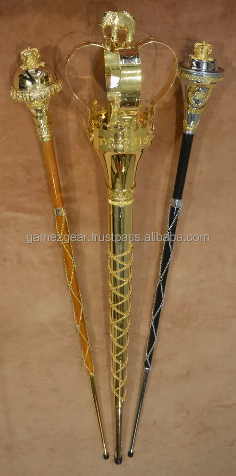 Royal Golden Ceremonial Cane Staff - Big Crown & Mace Pole