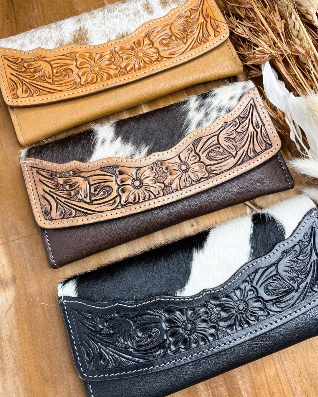 New Cowhide Western Tooled Leather Wallet Leather Hair On Leather ...