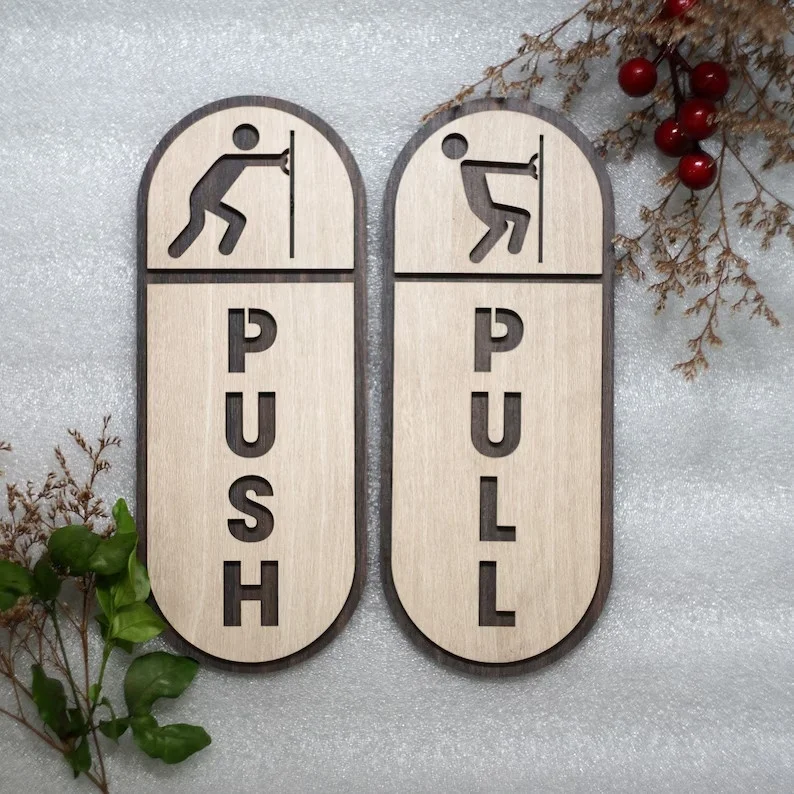 Wooden Push and Pull Instruction Table for Public Restroom Doors