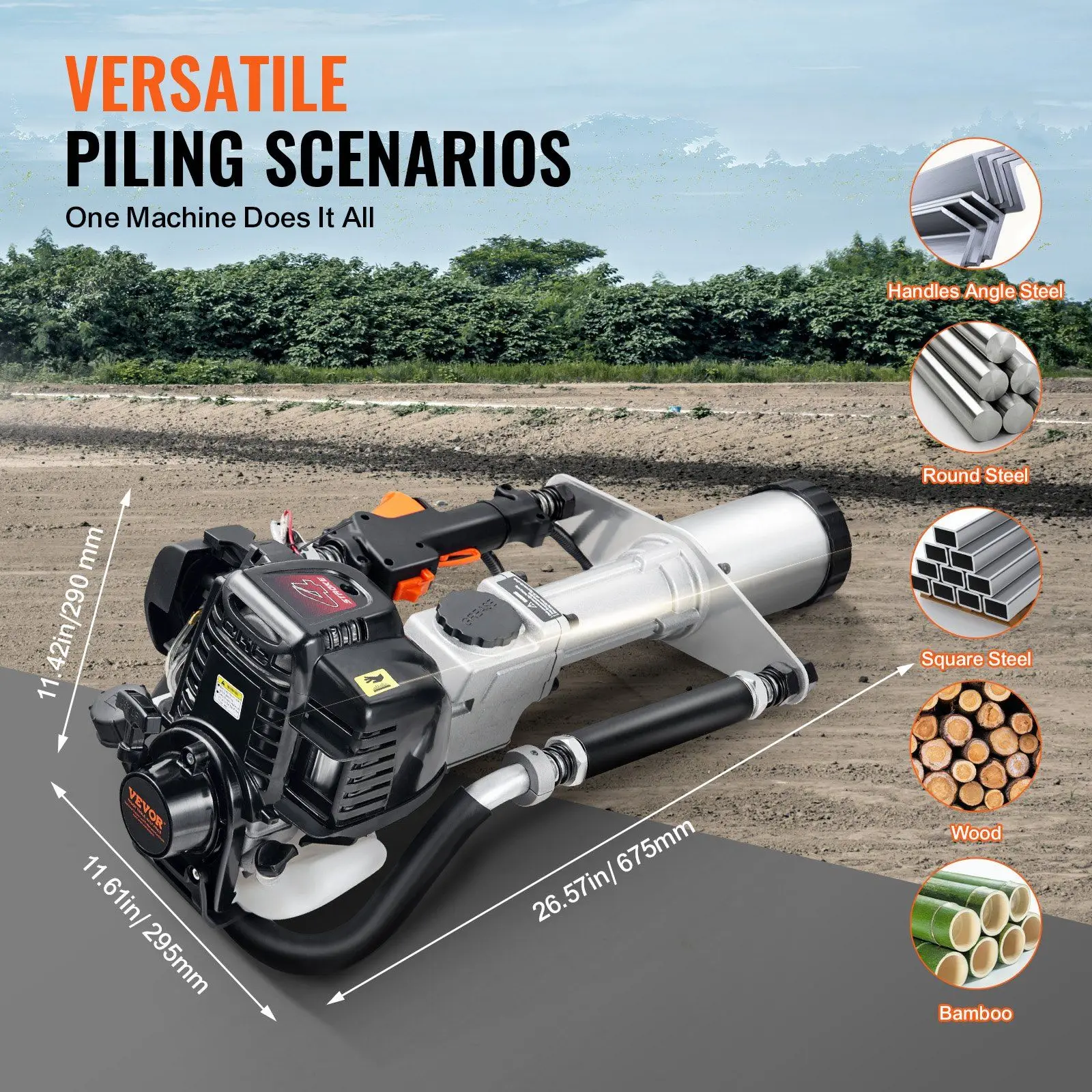 4-Stroke Fence Piling Pounder 37.77cc Gas-Powered T Post Driver W/ 3 ...