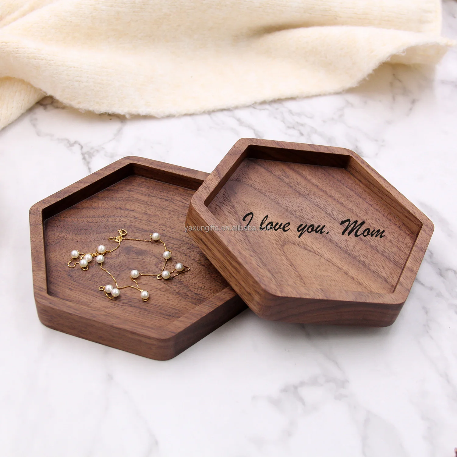 Hexagon Solid Walnut Wood Ring Dish Engagement Ring Holder Jewelry Tray ...