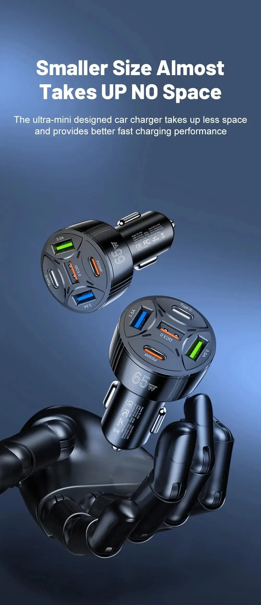 5 Port 65w Usb Car Chargers Type C Car Charger Fast Charging Pd Qc3.0 ...